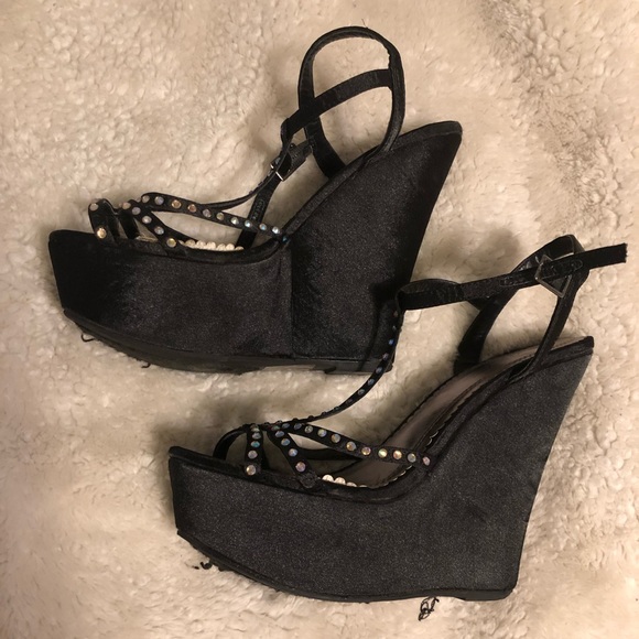 Y-Not | Shoes | Sexy Black Strappy Satin Wedges With Rhinestones | Poshmark